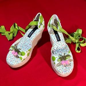 kenzie | Shoes | Kenzie Polka Dot White Pink Green Wedge Tie Heel 6 ...